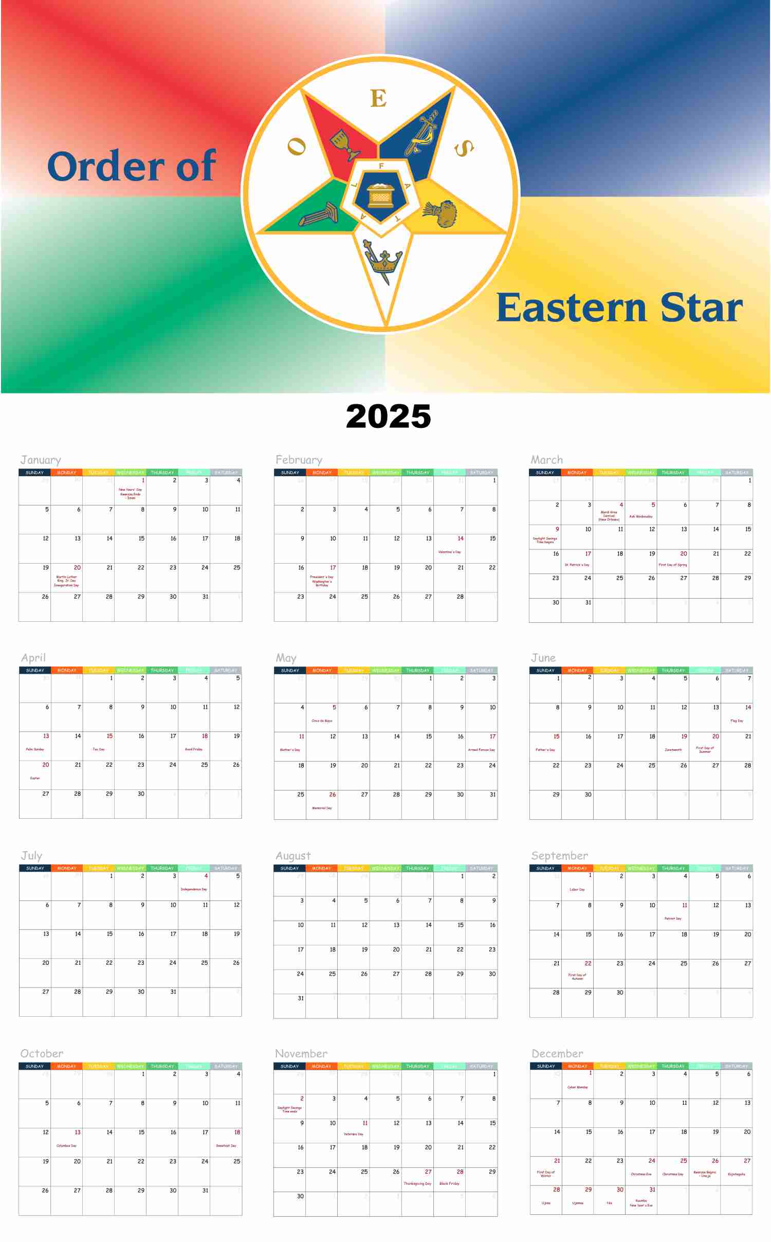Order of Eastern Star | 2025 Poster Wall Calendar | DobsonProducts.com